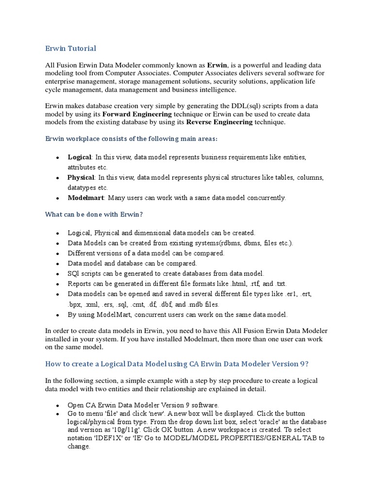 Erwin Tutorial: Erwin Workplace Consists of The Following Main Areas ...