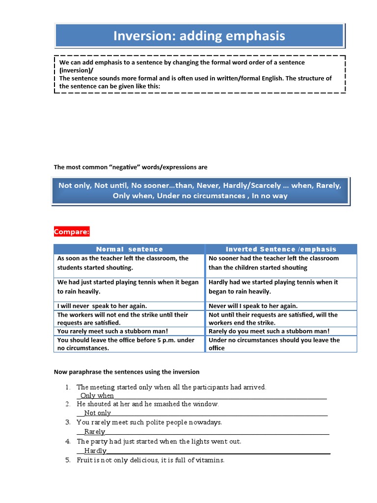 Inversion Adding Emphasis Grammar Drills Grammar Guides Sentence Transformat - 75486 | PDF ...