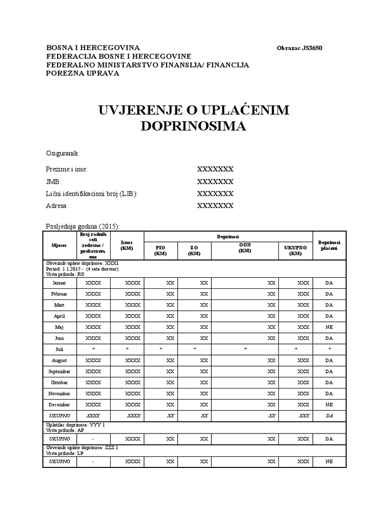 Uvjerenje o Uplacenim Doprinosima | PDF