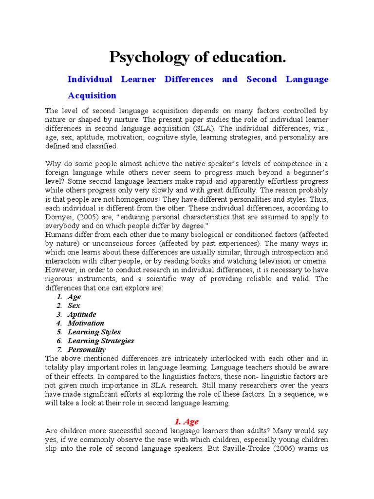 Individual Learner Differences and Second Language Acquisition | PDF | Second Language ...