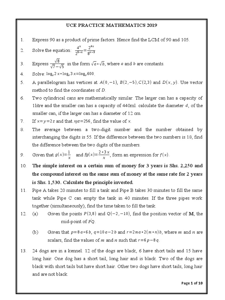UCE Mathematics Practice Questions 2019 | PDF | Triangle ...
