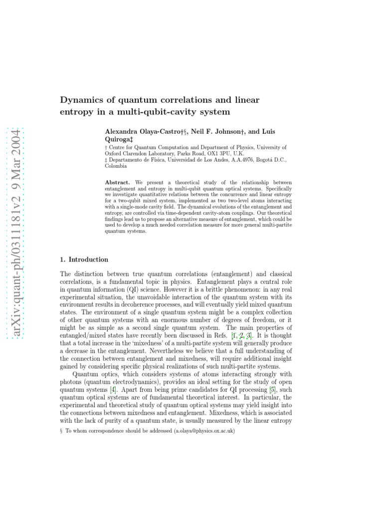 Dynamics of Quantum Correlations and Linear Entropy in A Multi-Qubit-Cavity System | PDF ...
