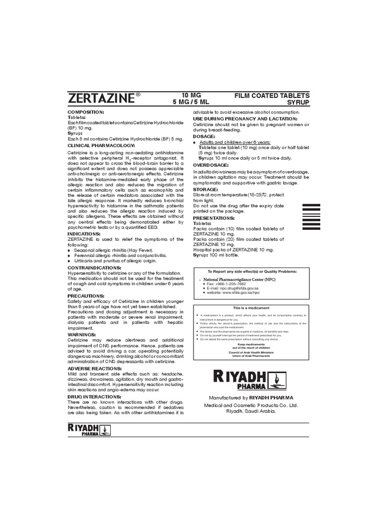 Zertazine: 10 MG 5 MG / 5 ML Film Coated Tablets Syrup | PDF | Allergy ...