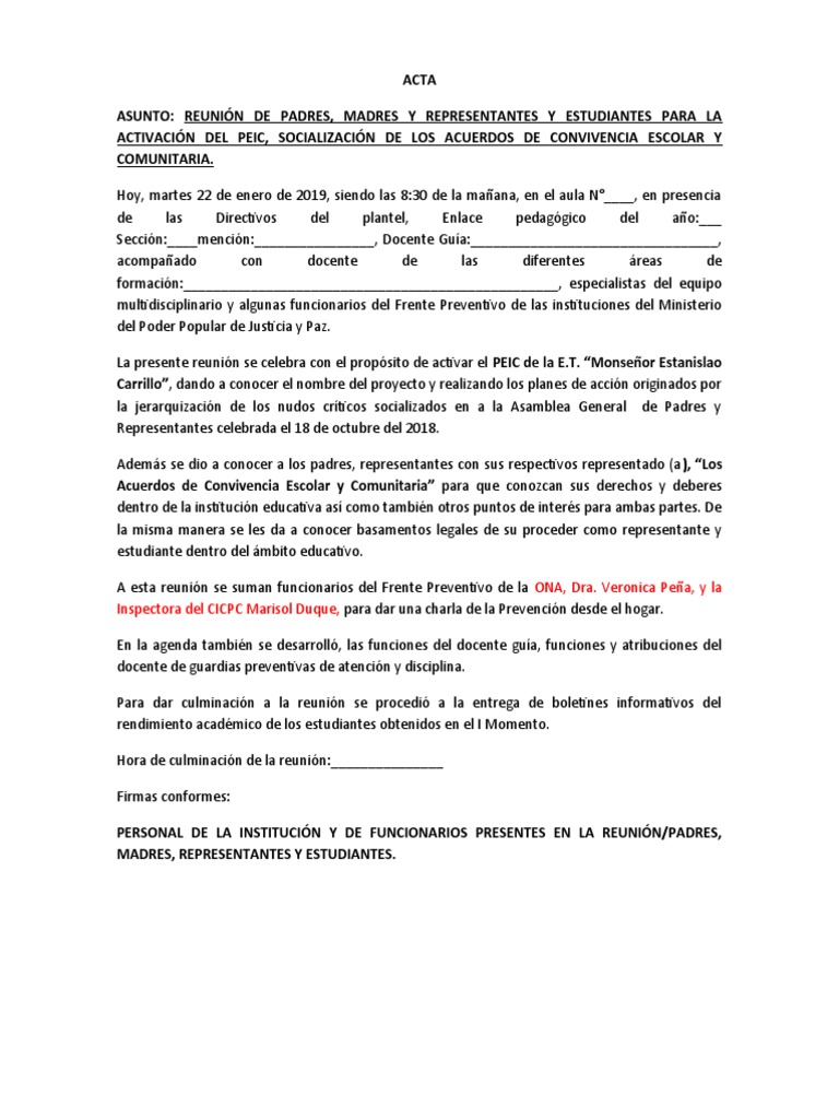Acta Modelo de La Reunión de Padres y Representantes | PDF | Maestros ...
