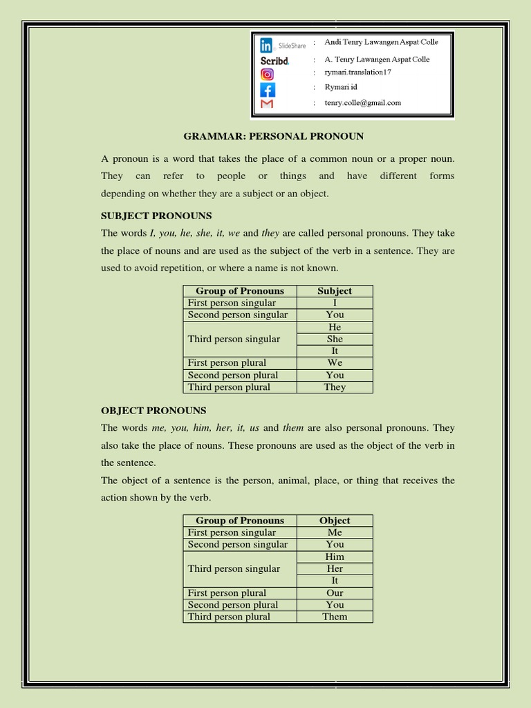 Grammar: Pronoun | Download Free PDF | Grammatical Number | Pronoun