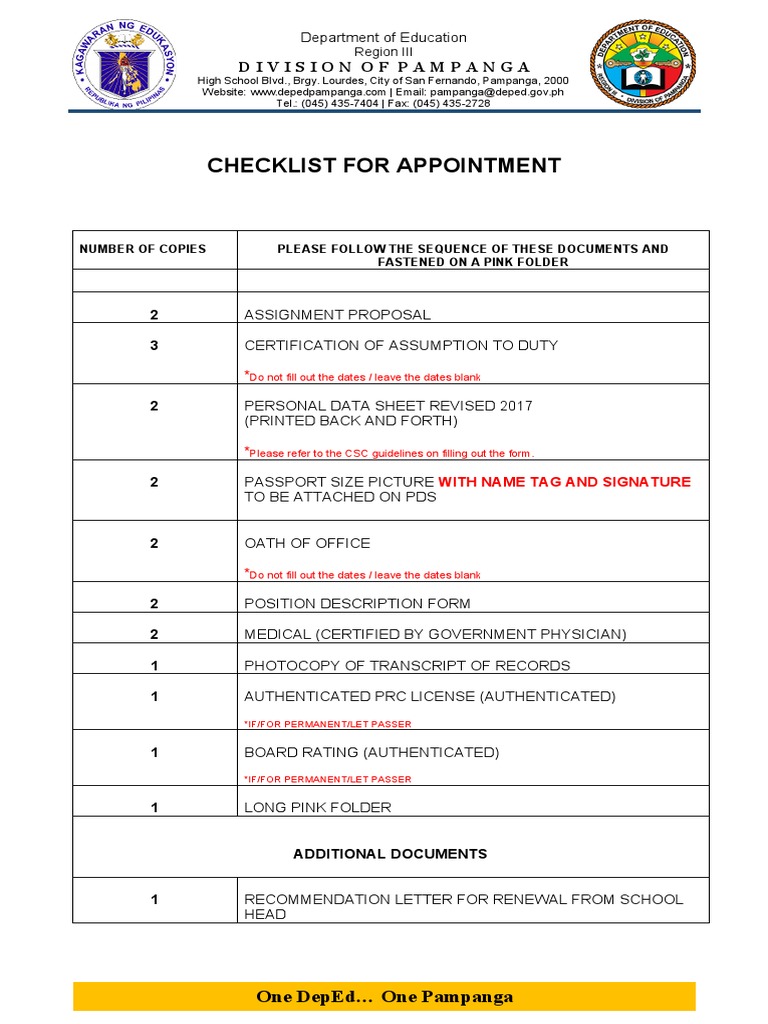 DepEd Pampanga Appointment Requirements | PDF
