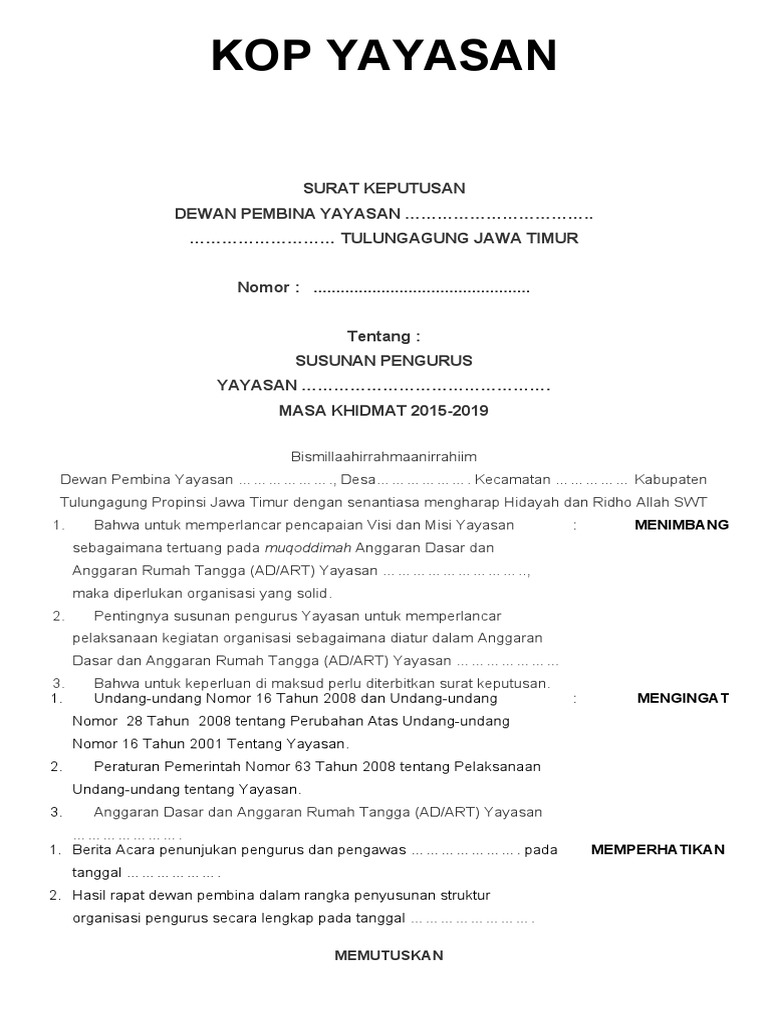 Contoh SK Pengurus Yayasan | PDF