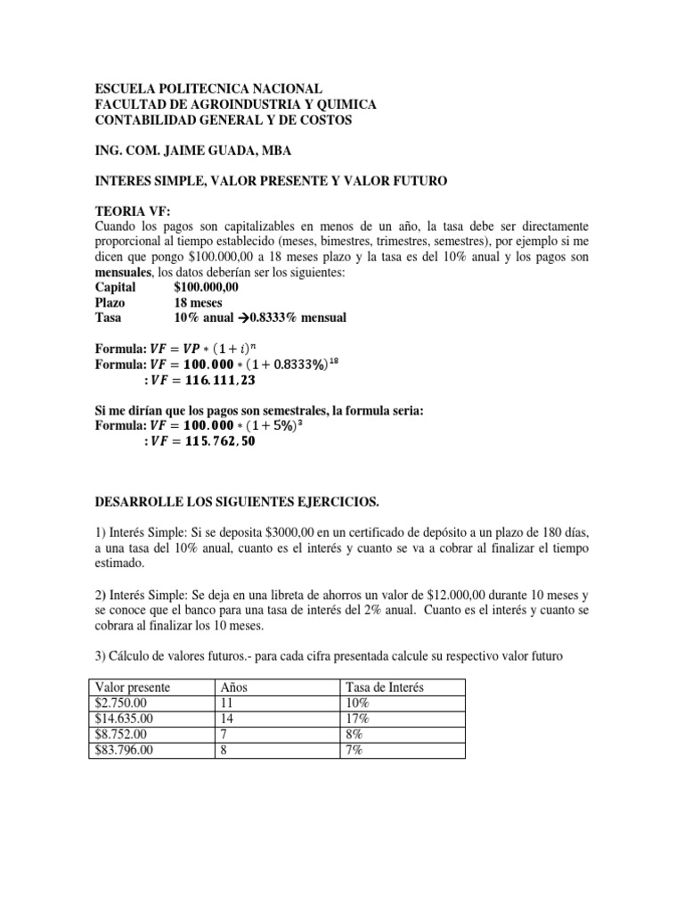 Tarea Interes Simple Valor Presente y Valor Futuro | Descargar gratis ...