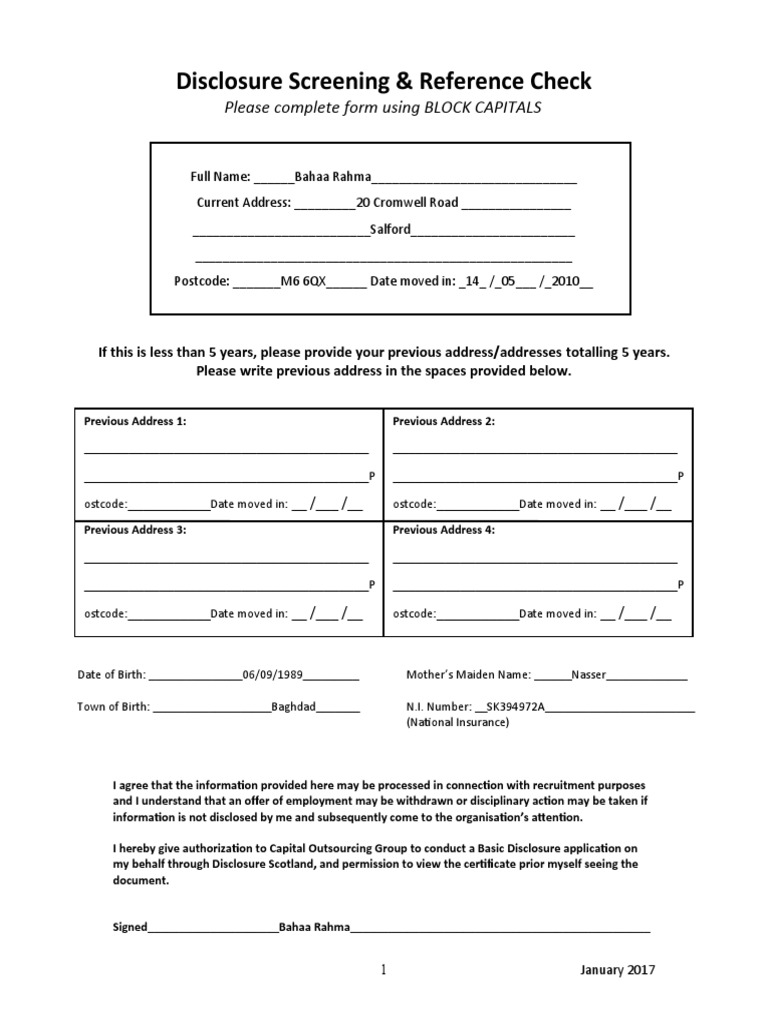Disclosure Screening & Reference Check: Please Complete Form Using ...