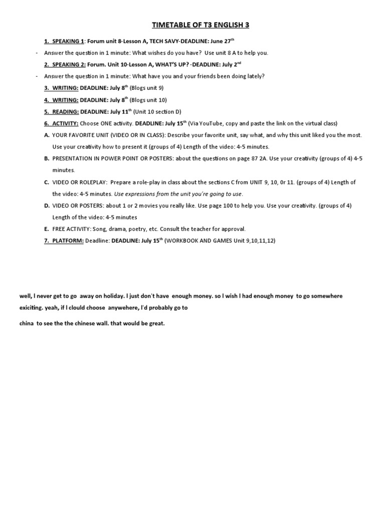 Timetable of T3 English 3: (Blogs Unit 10) | PDF