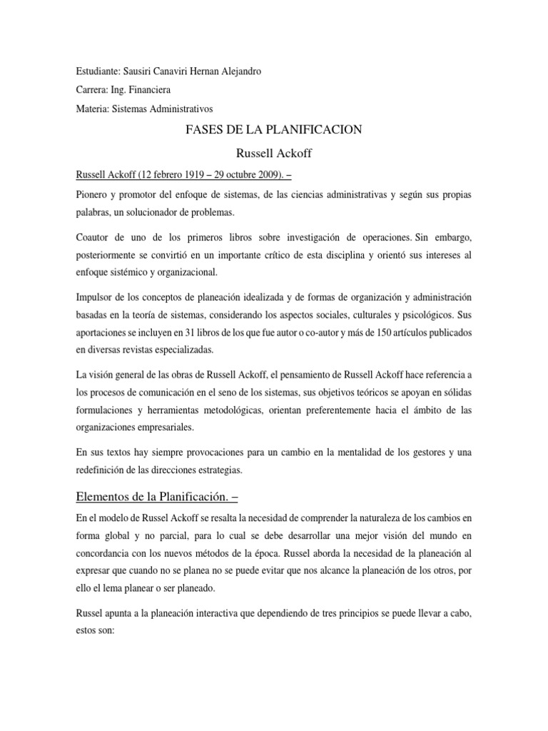 FASES DE LA PLANIFICACION (Ackoff) Final | PDF | Planificación | Diseño