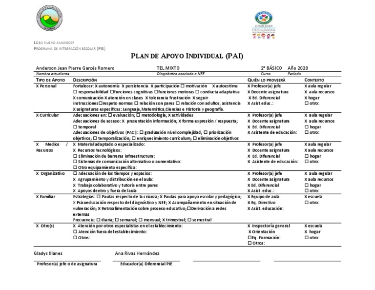 Formato Pai 2020editable | PDF | Salón de clases | Maestros