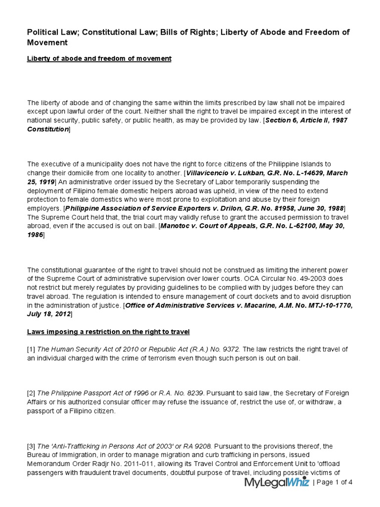 Bill of Rights Liberty of Abode and Freedom of Movement PDF | PDF ...