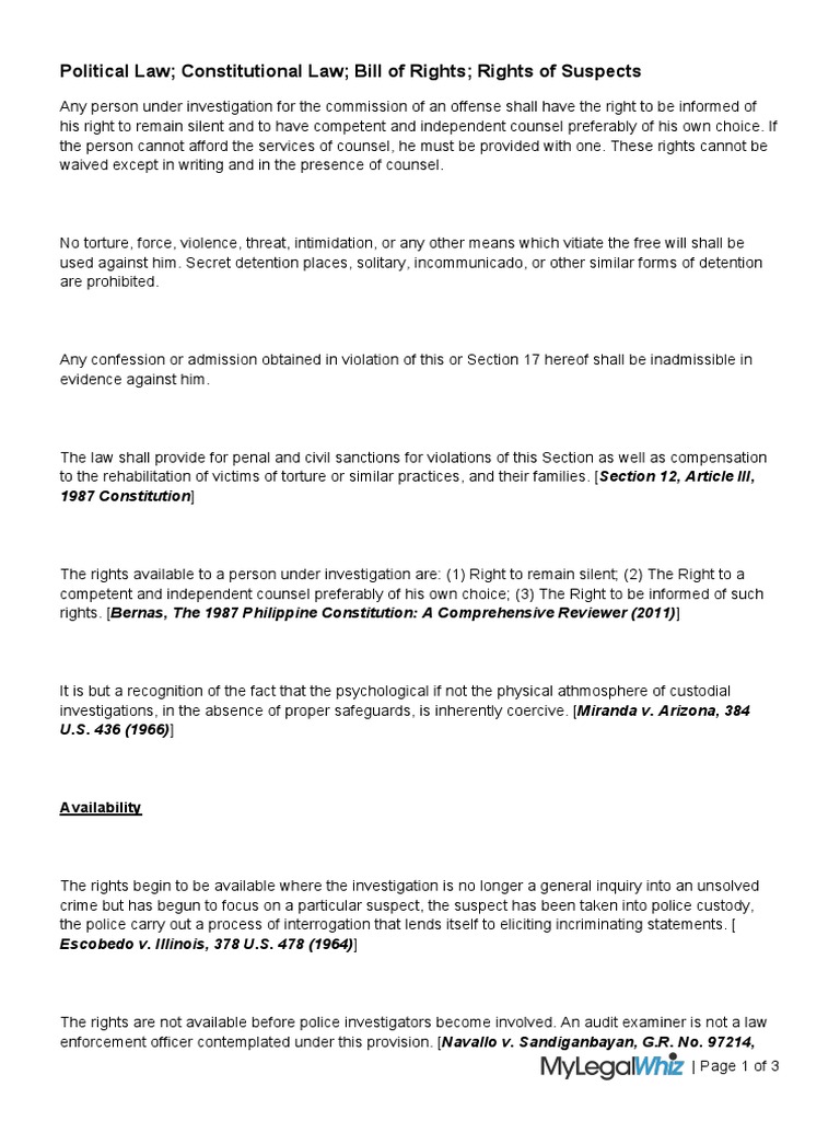 Bill of Rights Rights of Suspects | PDF | Miranda Warning | Crime ...