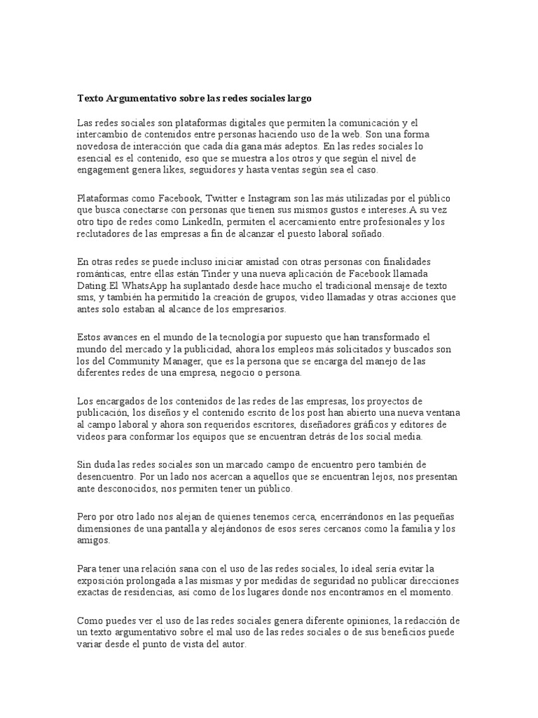 Texto Argumentativo Sobre Las Redes Sociales Largo 2 | PDF | Red social ...