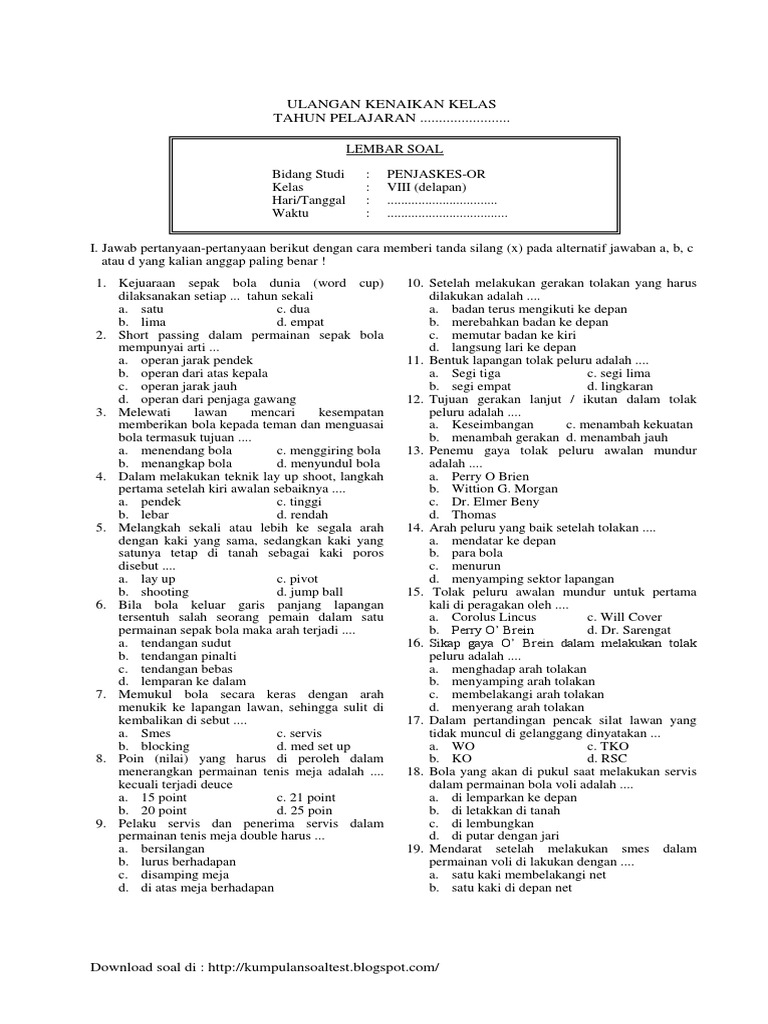 Soal Ukk Penjas Kls 8 | PDF