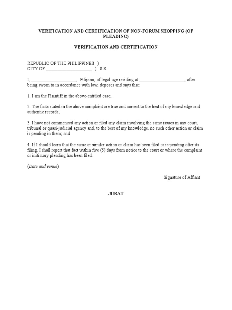 Verification and Certification of Non-Forum Shopping (Of Pleading ...