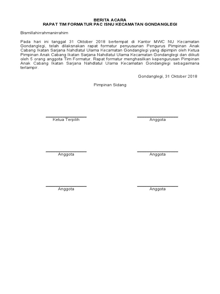 ISNU - Berita Acara Rapat Tim Formatur | PDF