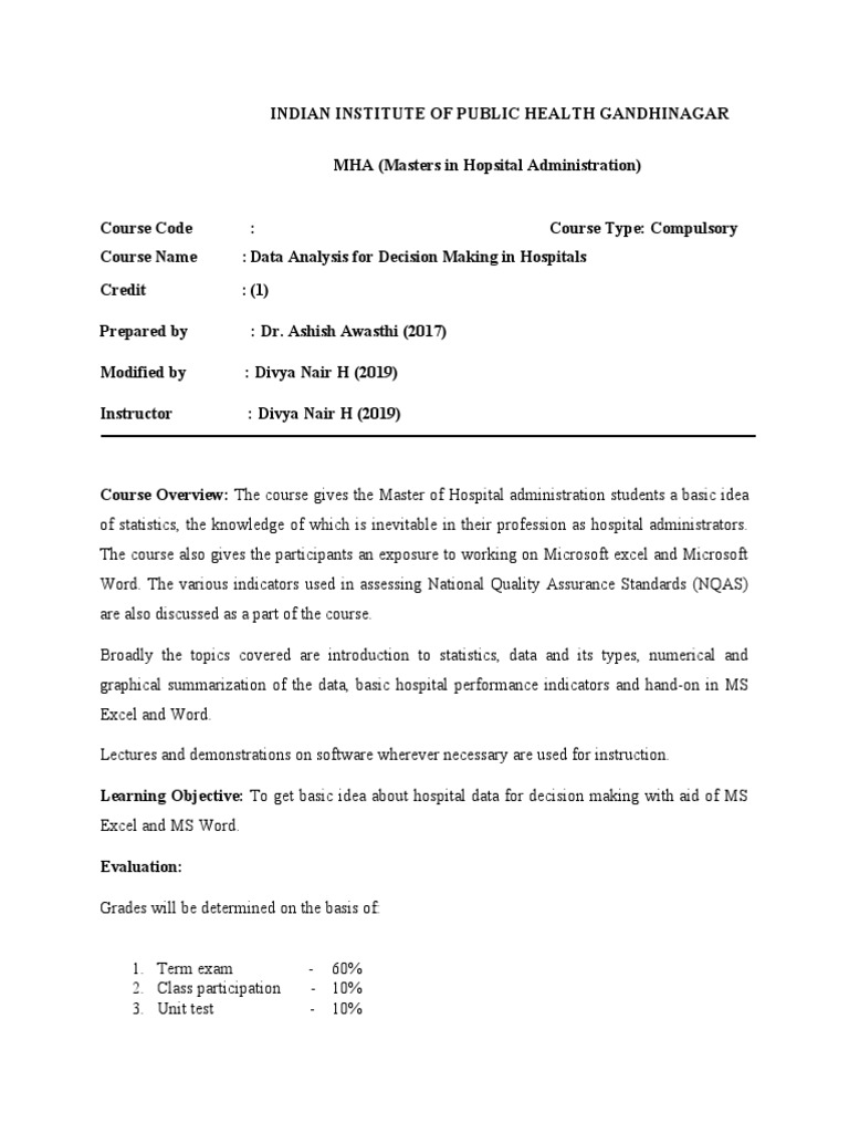 Course Outline - DADM by Ashish Formatted Added References | PDF | Statistics | Hospital