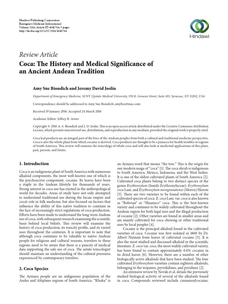 Review Article: Coca: The History and Medical Significance of An ...