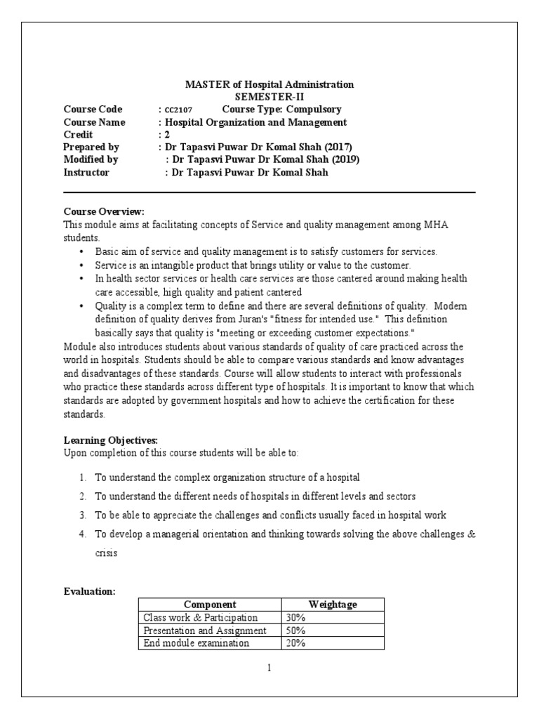 MHA HOM Course Outline 2019 | PDF | Quality Management | Medicine
