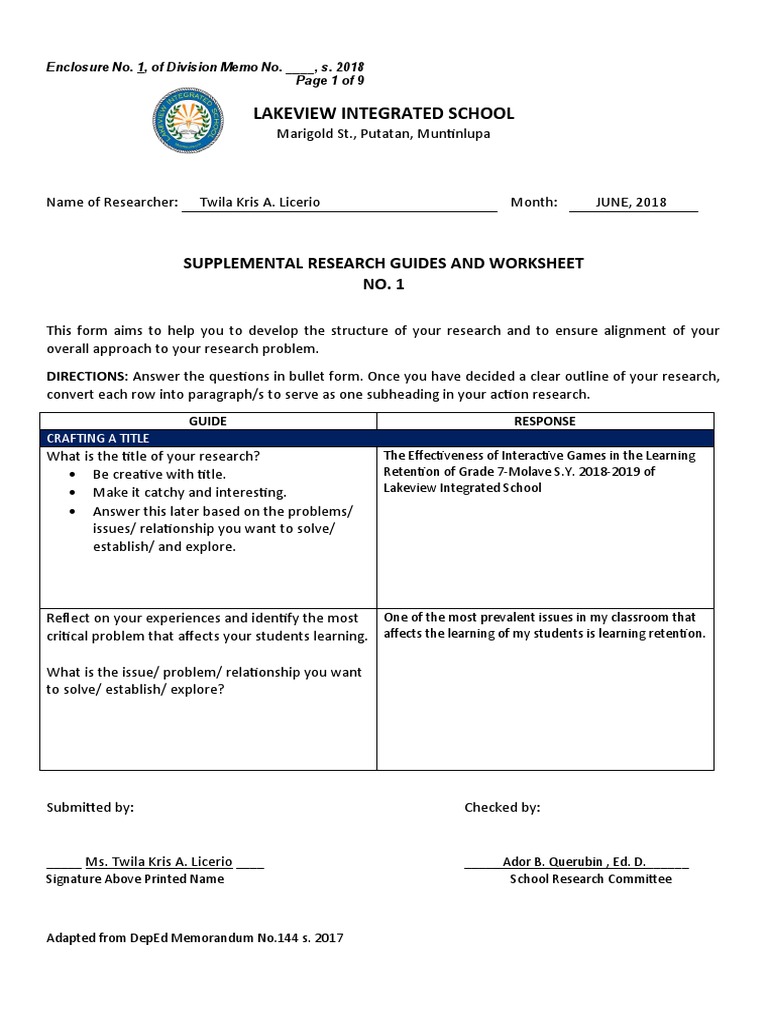 Lakeview Integrated School: Supplemental Research Guides and Worksheet NO. 1 | PDF | Reading ...