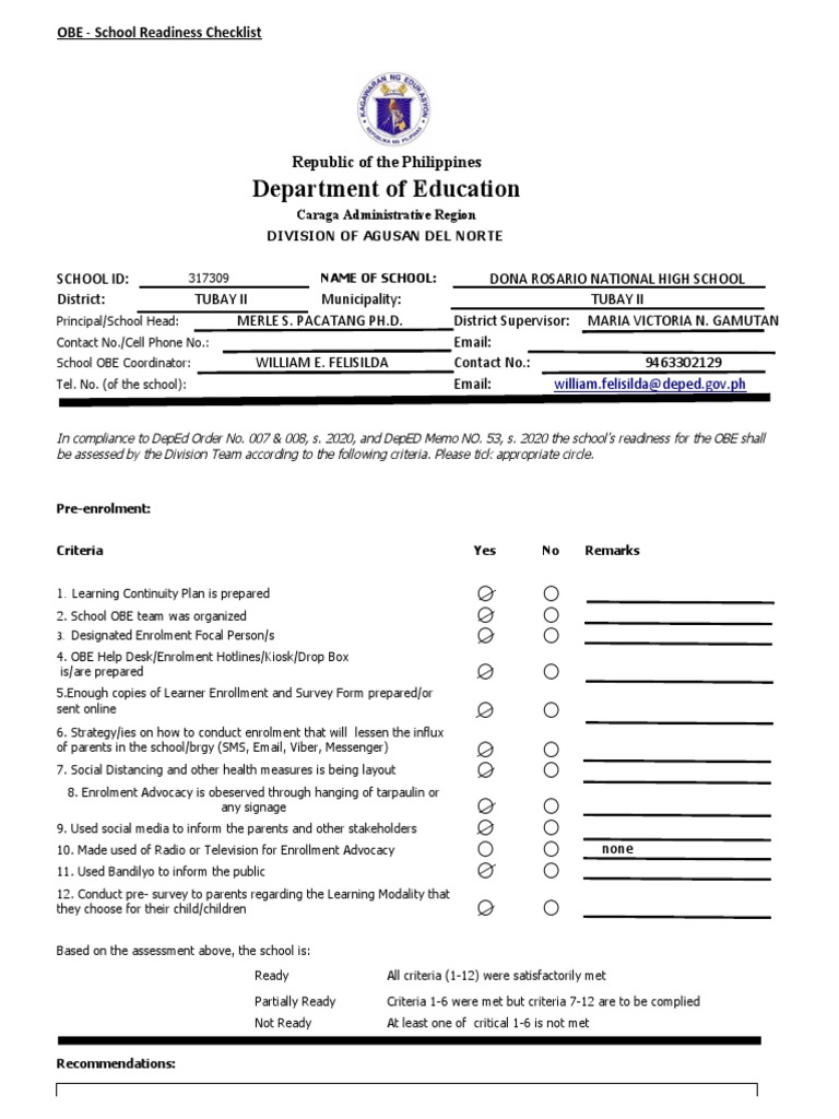 Drnhs OBE Checklist PRE DURING | PDF | Behavior Modification | Learning