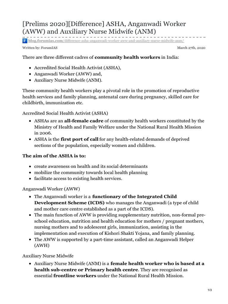 Prelims 2020difference ASHA Anganwadi Worker AWW and Auxiliary Nurse ...