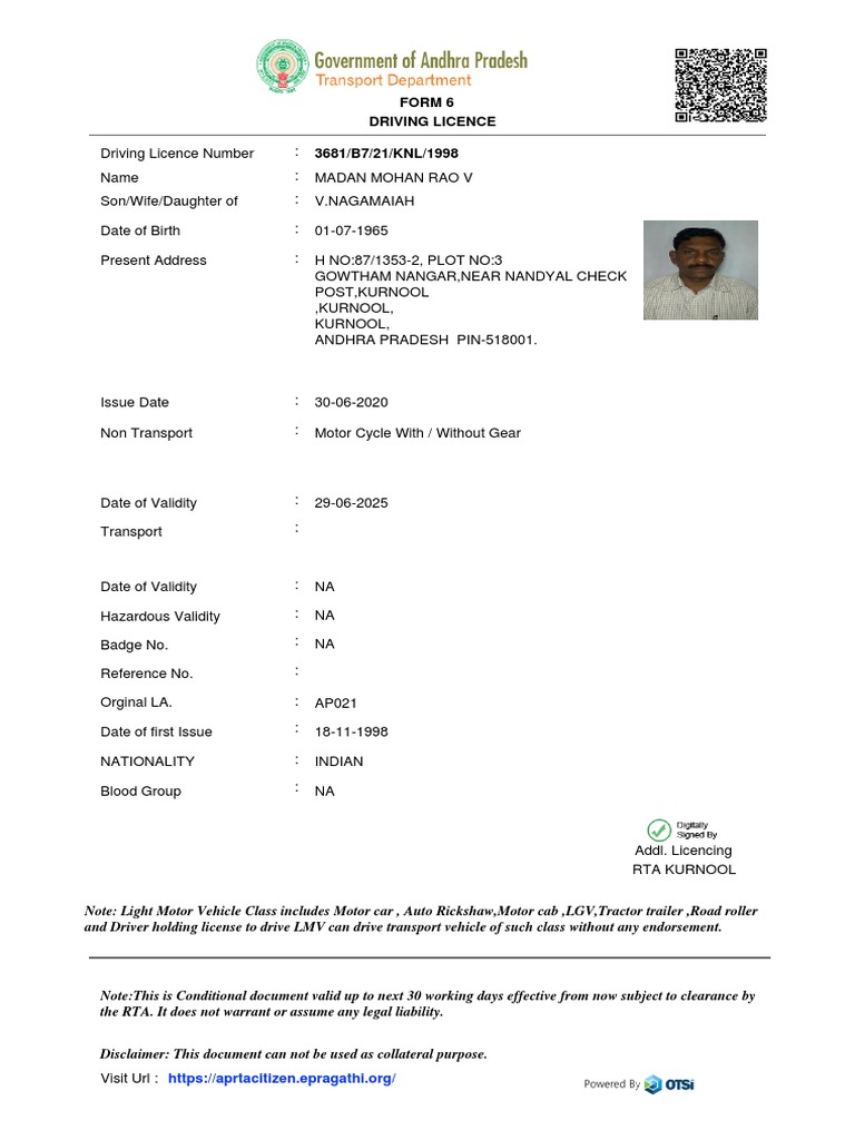 Form 6 Driving Licence 3681/B7/21/KNL/1998 | PDF