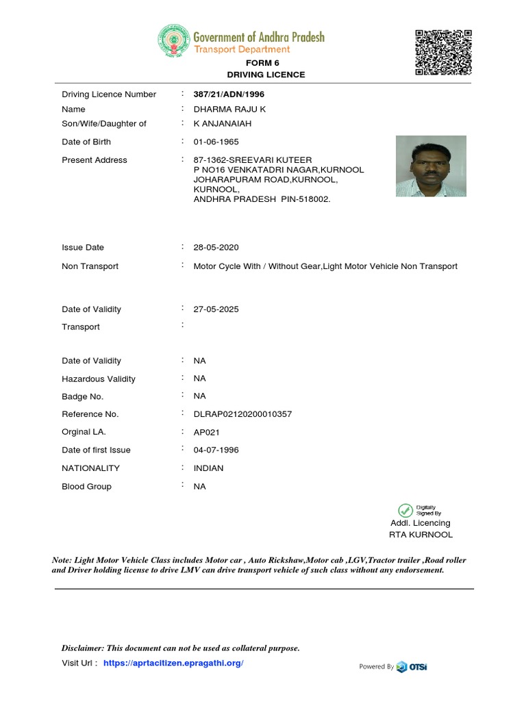 Form 6 Driving Licence 387/21/ADN/1996 | PDF