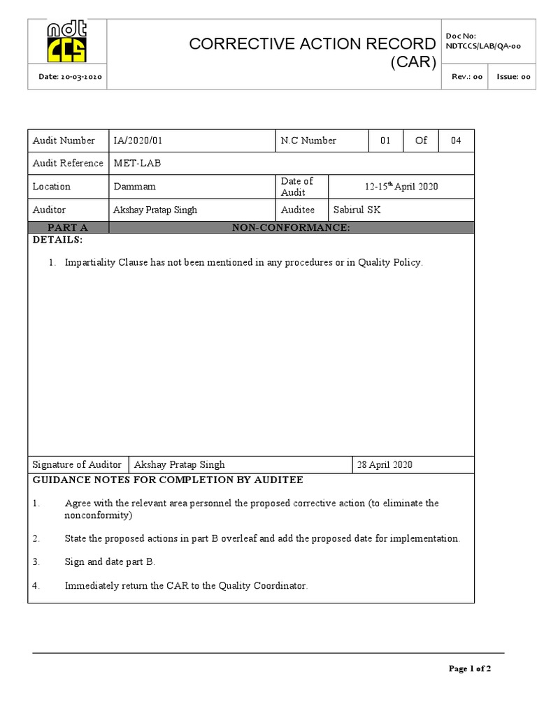 Internal Audit CAR Record | PDF | Audit | Quality Management