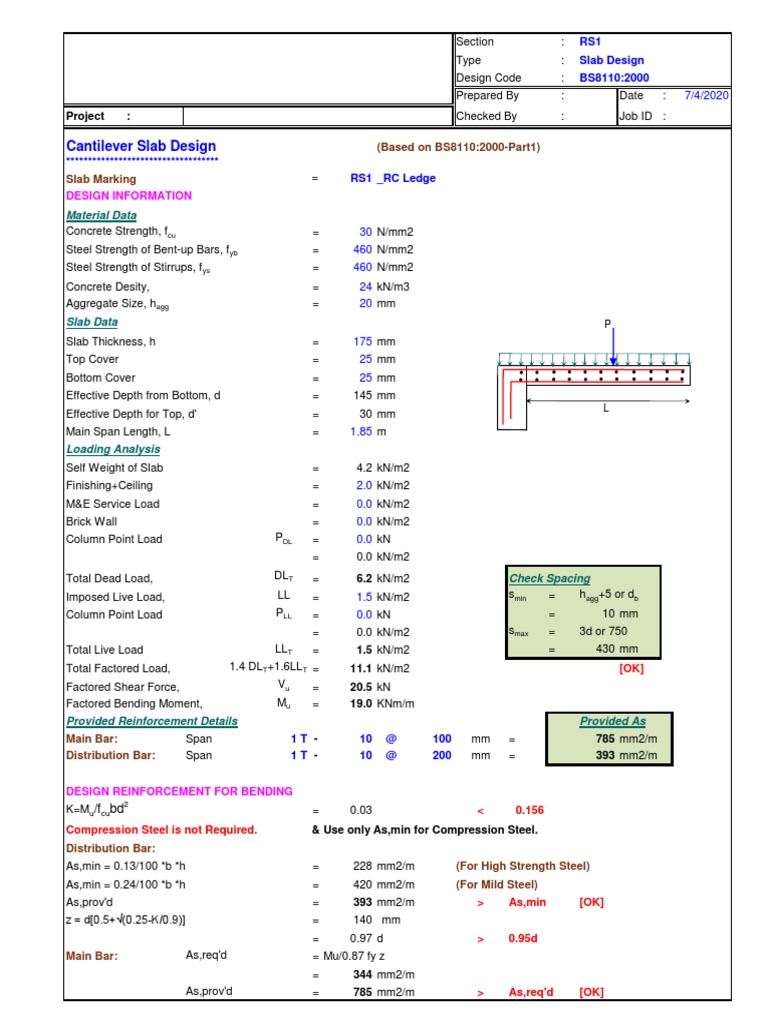 Cantilever Slab Design: (Based On BS8110:2000-Part1) | PDF ...