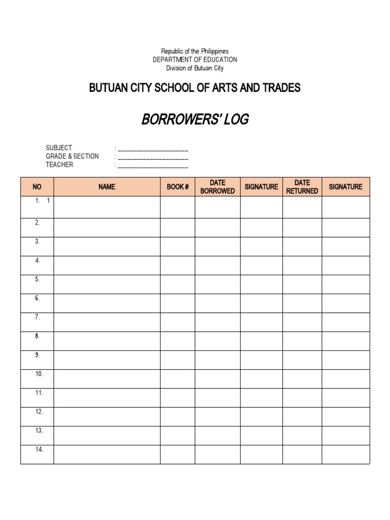 Borrowers' Log: Butuan City School of Arts and Trades | PDF Borrowers' Log: Butuan City School of Arts and Trades | PDF