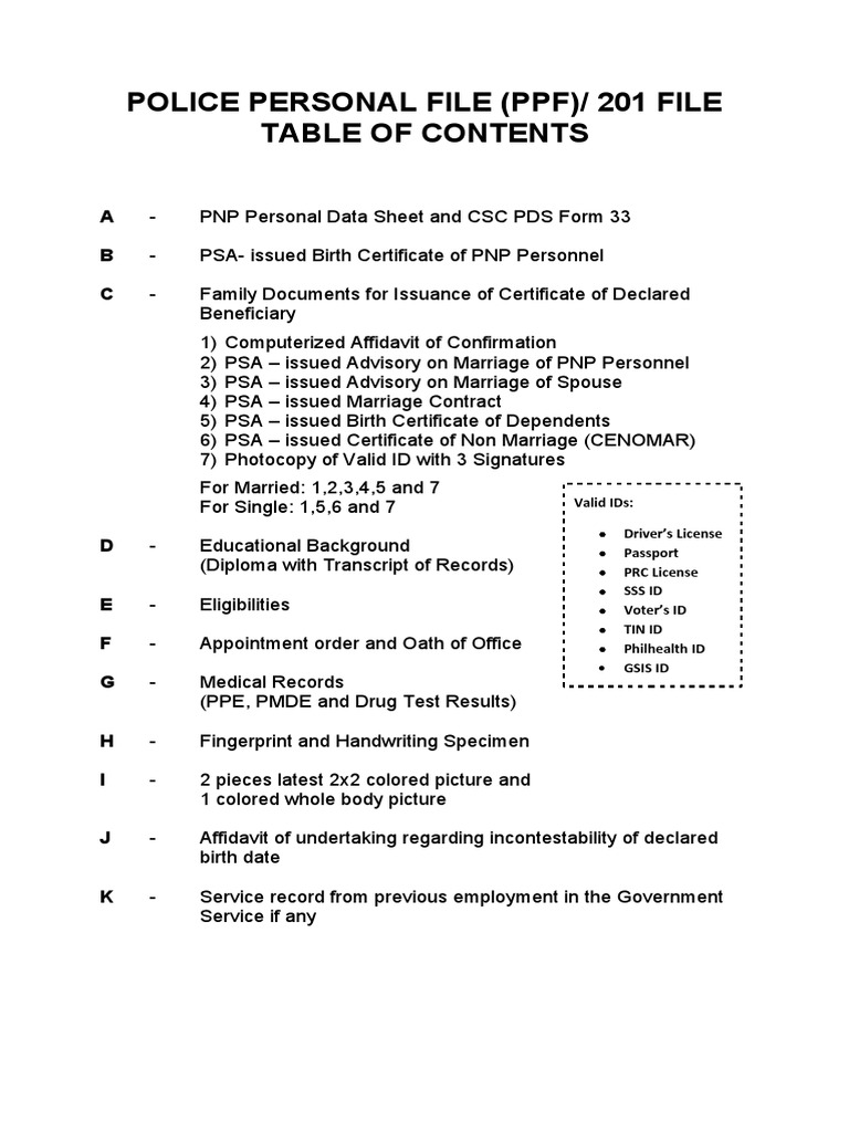 Police Personal File (PPF) / 201 File: Valid Ids | PDF