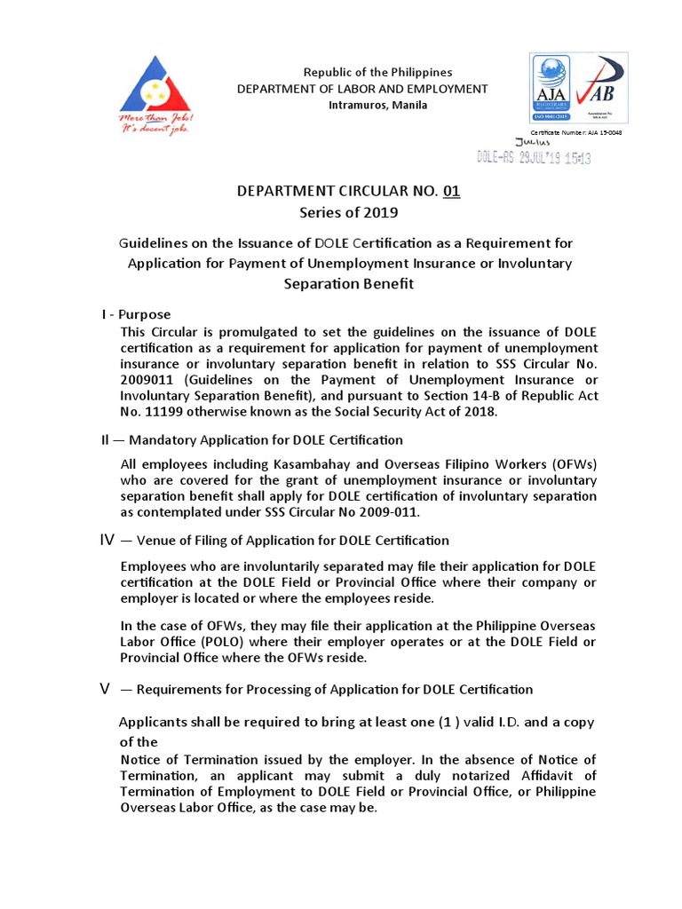 Department Circular No. 01 Series of 2019 | Unemployment Benefits ...