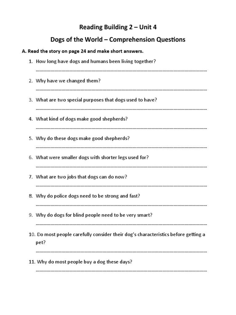 Reading Building 2 - Unit 4 Dogs of The World - Comprehension Questions ...