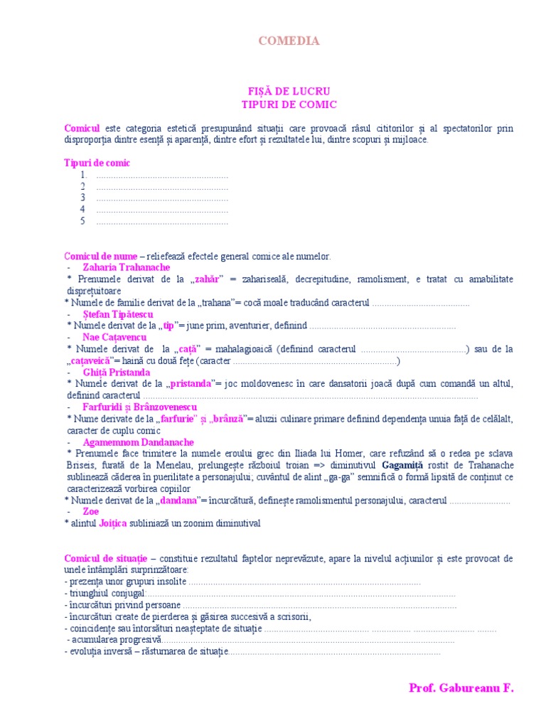 Fisa de Lucru - Tipurile de Comic | PDF