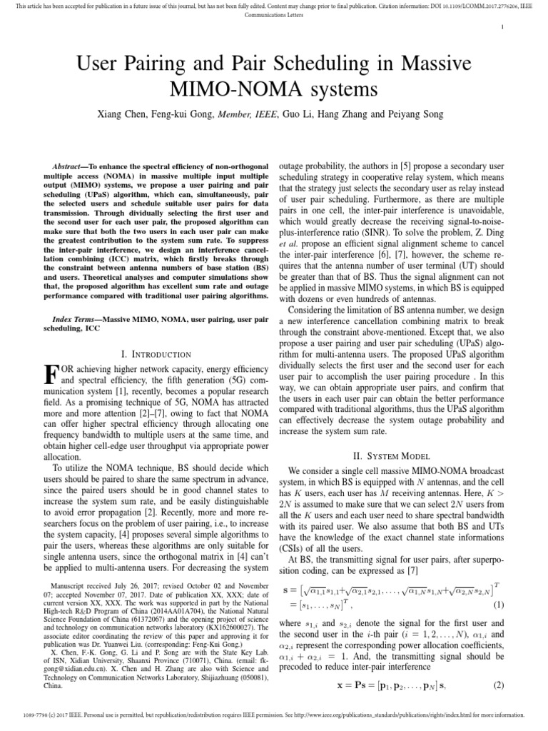 User Pairing in Massive MIMO-NOMA | PDF | Mimo | Telecommunications ...