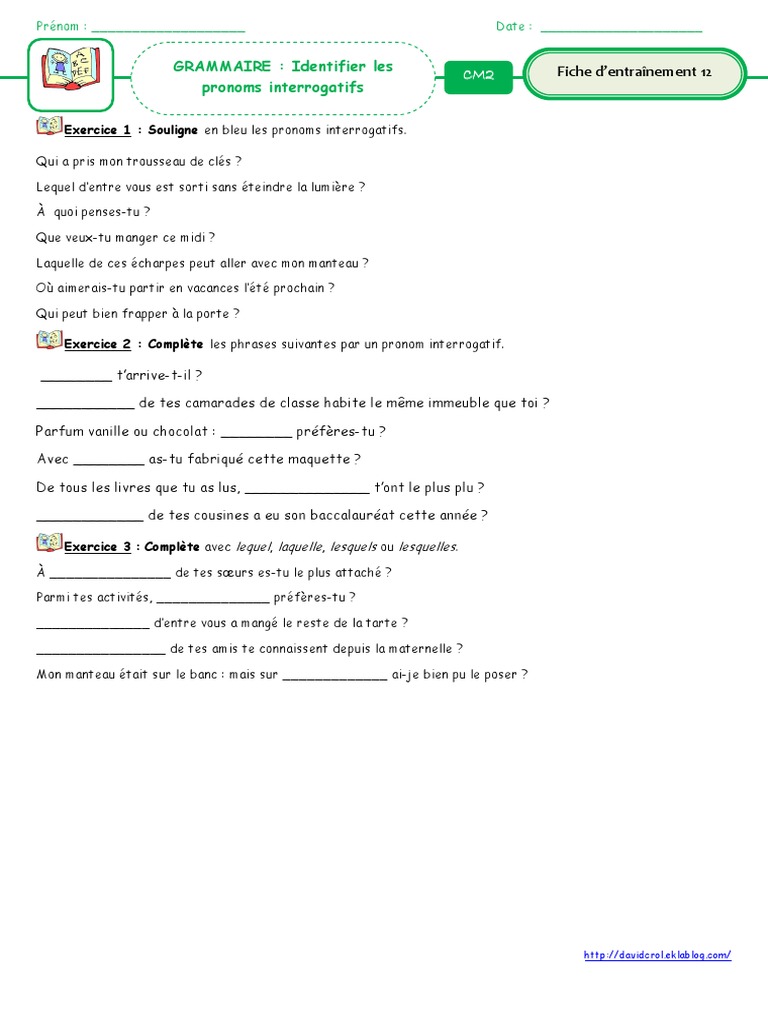 Fiche 12 Les Pronoms Interrogatifs PDF | PDF | Pronom | Typologie ...