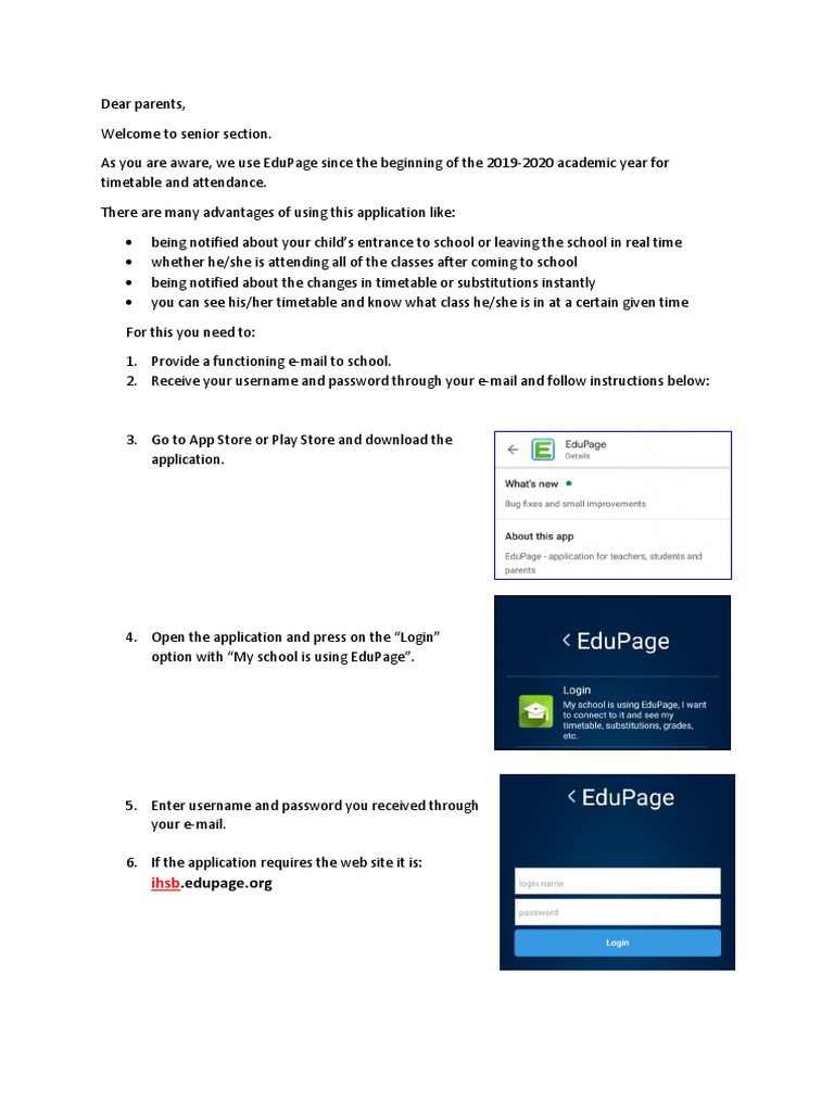 EduPage Parent Login Guide for Student Timetables and Attendance | PDF