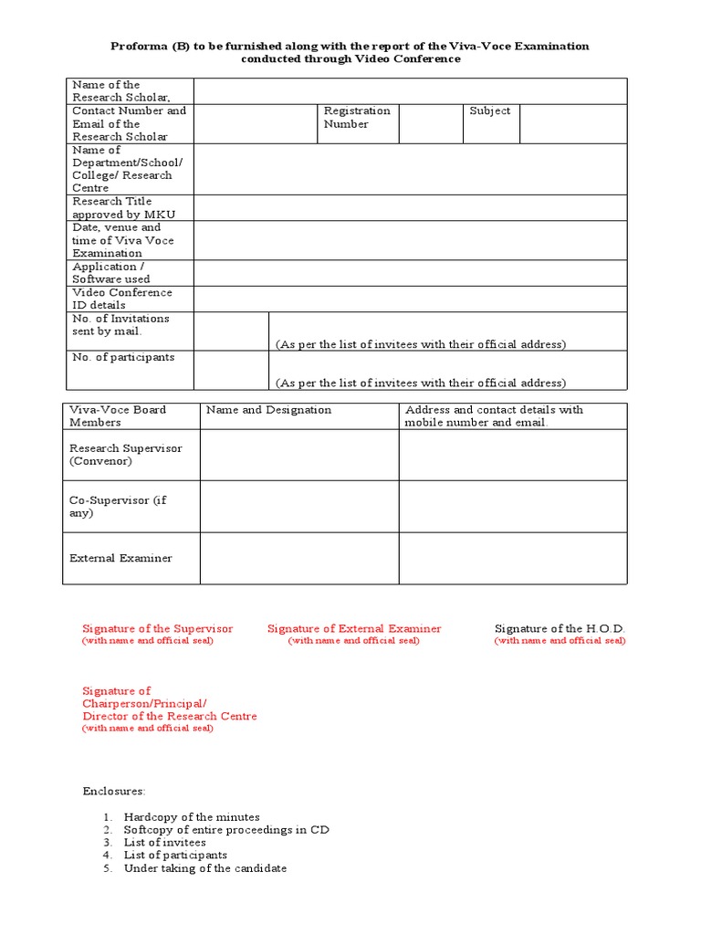 Proforma (B) To Be Furnished Along With The Report of The Viva-Voce ...
