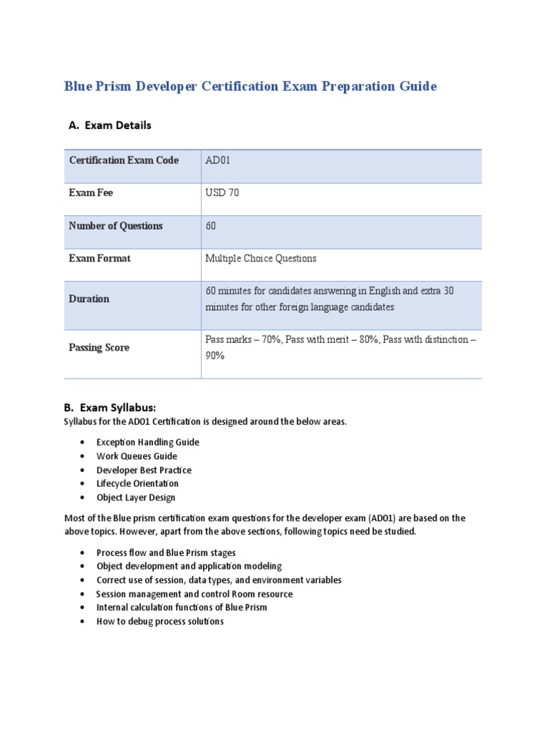 Blue Prism AD01 Certification Exam Prep Guide | PDF | Test (Assessment ...