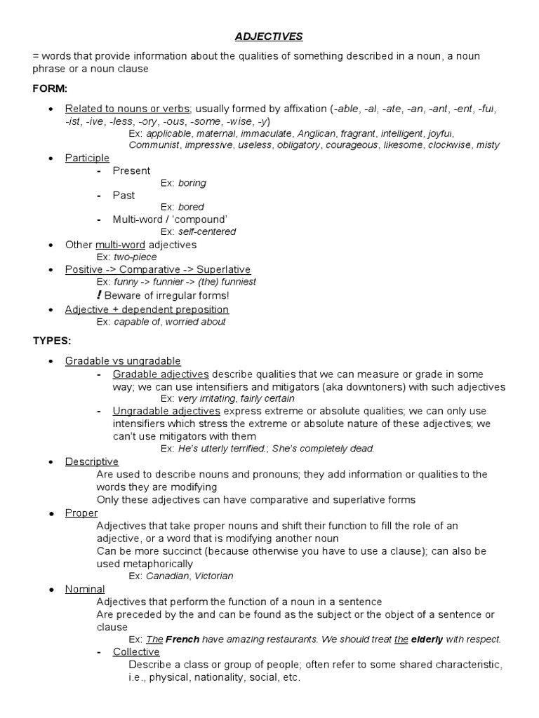 Adjectives, Adverbs, Prepositions, and Conjunctions | PDF | Adjective ...