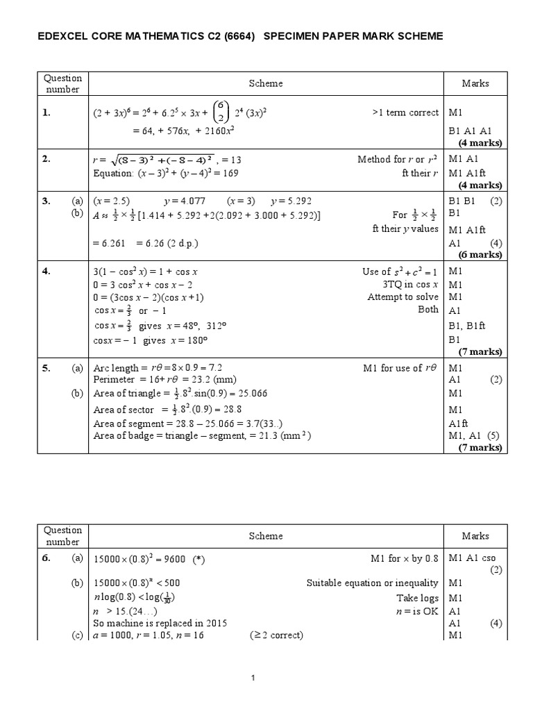 Edexcel Core Mathematics C2 (6664) Specimen Paper Mark Scheme | PDF ...