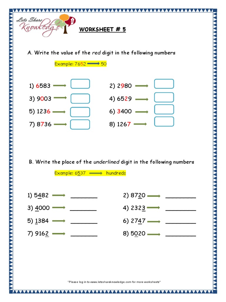 Grade 3 Maths Worksheets 4 Digit Numbers Ones Tens Hundreds and ...