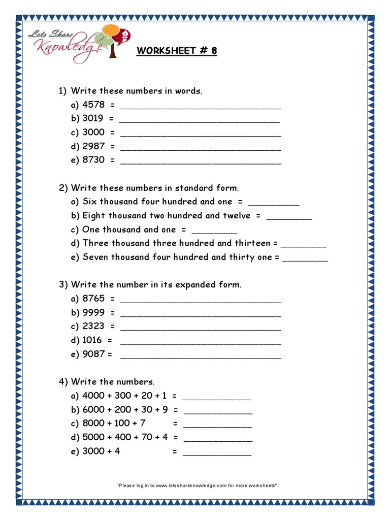 Grade 3 Maths Worksheets Understanding 4 Digit Numbers Page 9 | PDF