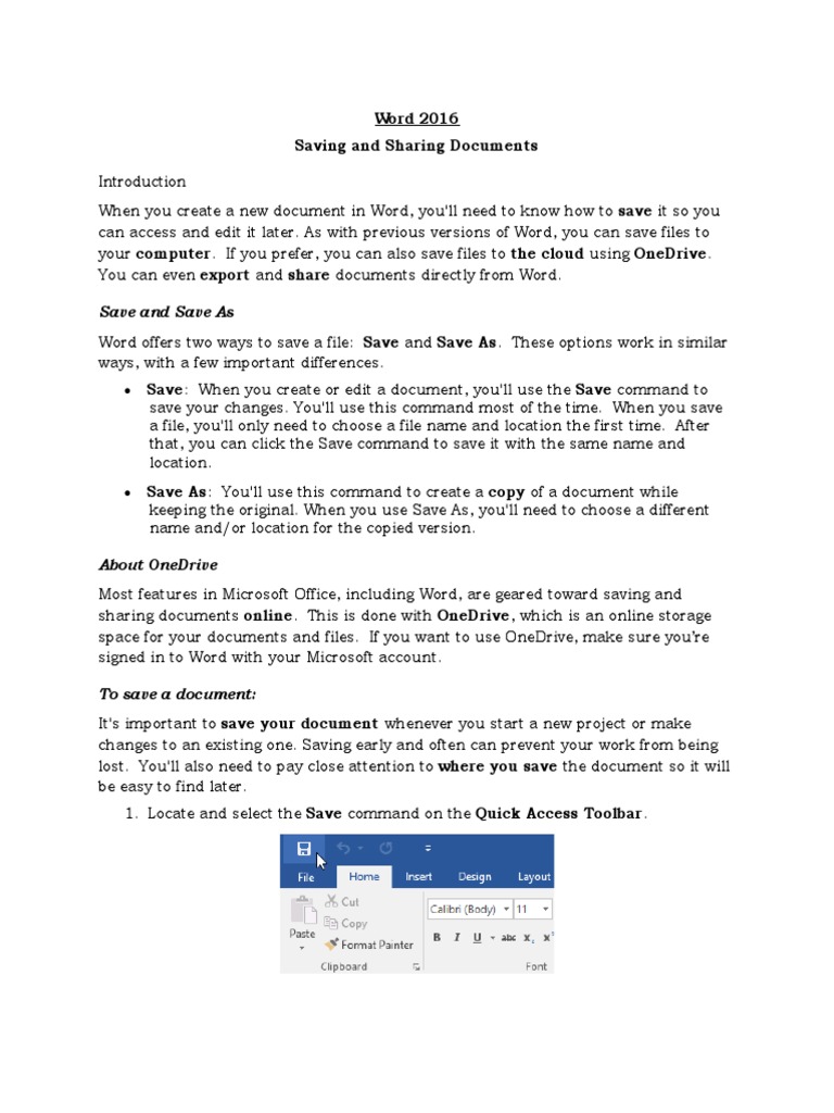Word 2016 Saving And Sharing Documents Save And Save As Pdf