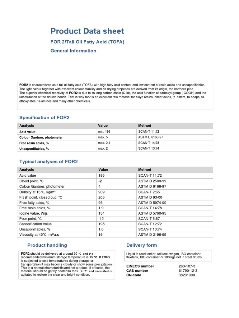 Specifications of TOFA | PDF | Fatty Acid | Materials