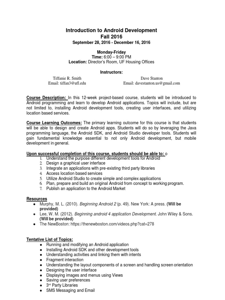 Introduction To Android Development Syllabus Pdf Android Operating System Software