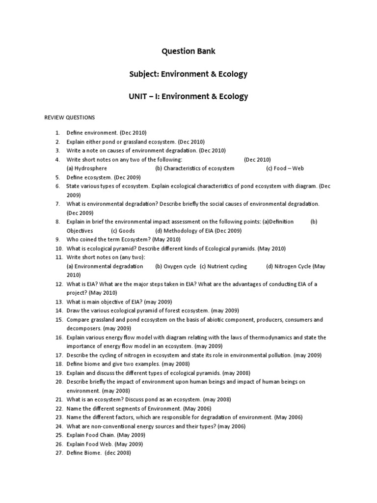 Question Bank Subject: Environment & Ecology UNIT - I: Environment ...